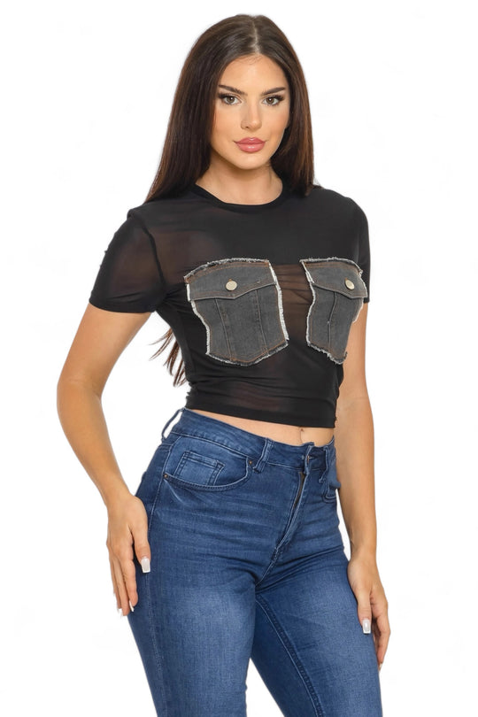 Button Pockets Mesh Front Denim Top | The House of Stylez